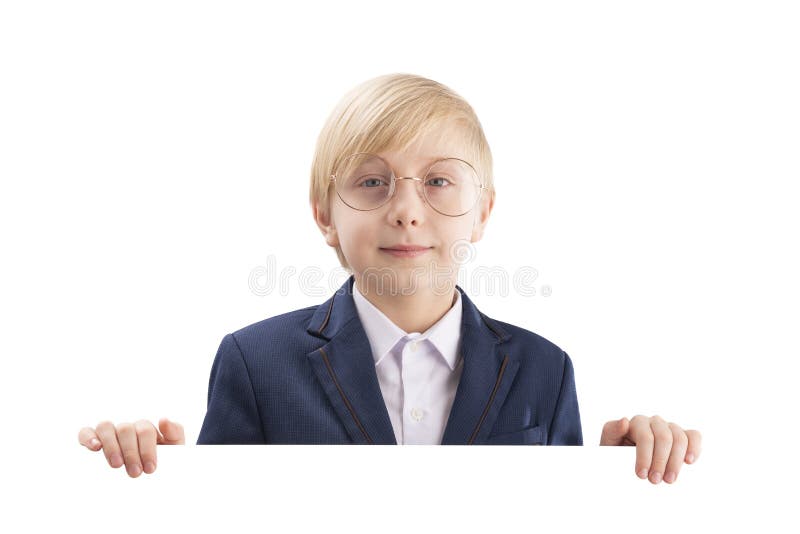 Serious Boy with Empty White Paper Board and Laughs. Cute Blond Boy ...