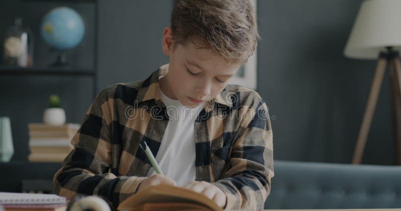 Serious Boy Studying at Home Writing and Reading Book Busy with ...