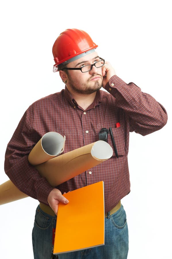Serious Builder in Glasses and Red Hard Hat Stock Image - Image of ...