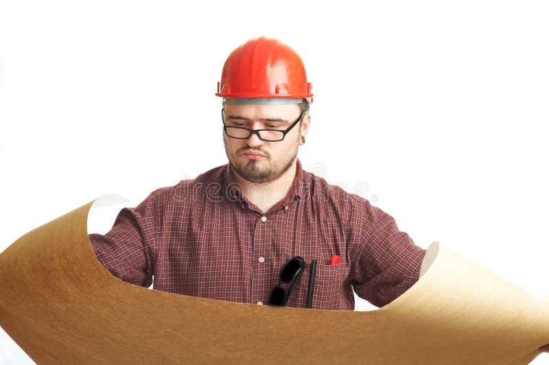Serious Builder in Glasses and Red Hard Hat Stock Photo - Image of ...