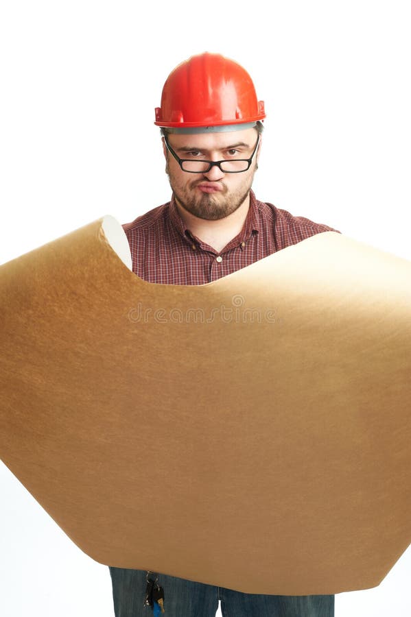 Serious Builder in Glasses and Red Hard Hat Stock Image - Image of ...