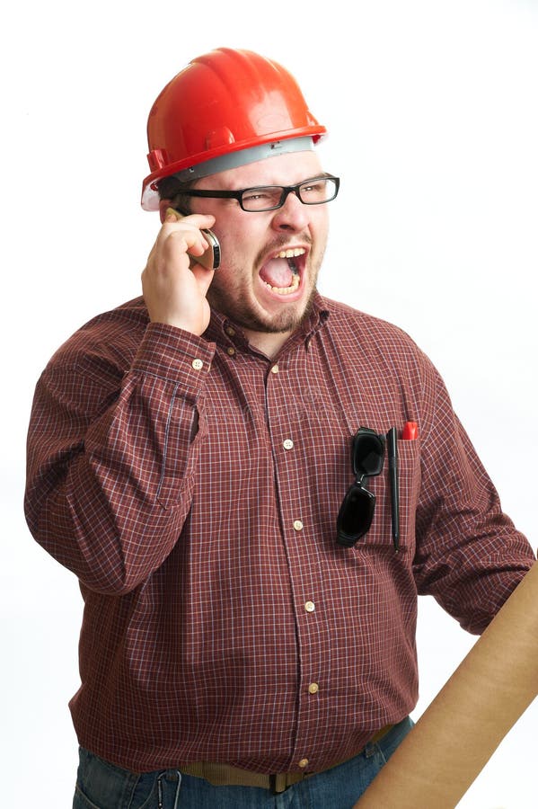 Serious Builder in Glasses and Red Hard Hat Stock Image - Image of ...
