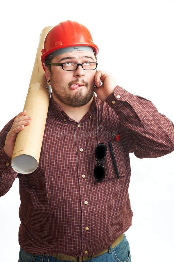 Serious Builder in Glasses and Red Hard Hat Stock Image - Image of ...