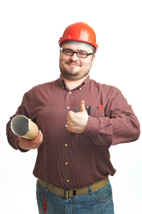 Serious Builder in Glasses and Red Hard Hat Stock Photo - Image of ...