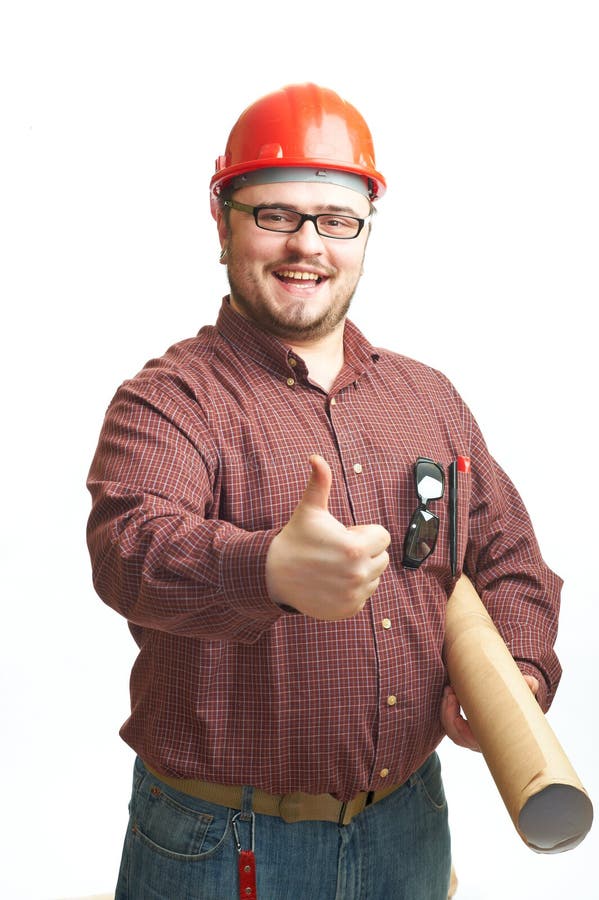 Serious Builder in Glasses and Red Hard Hat Stock Image - Image of ...