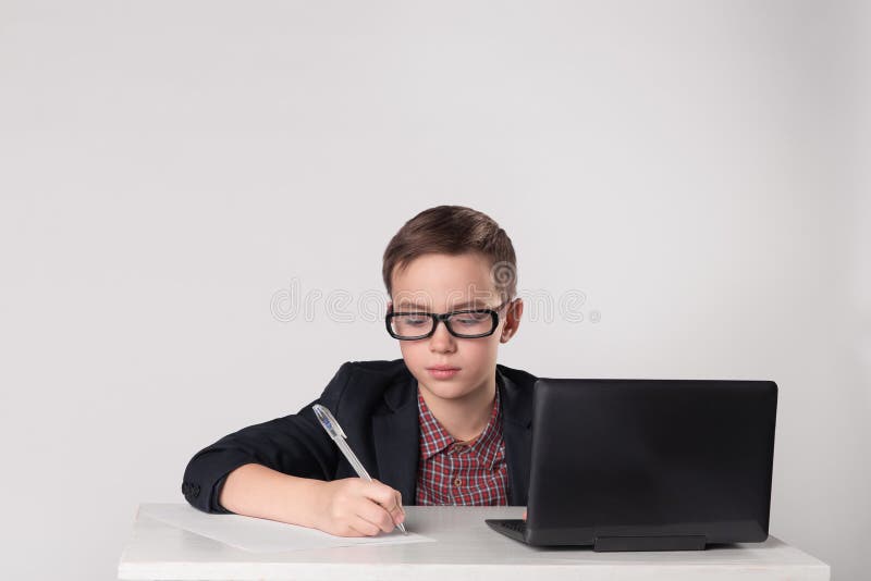 Serious Business Boy Writing with Pen Stock Image - Image of little ...