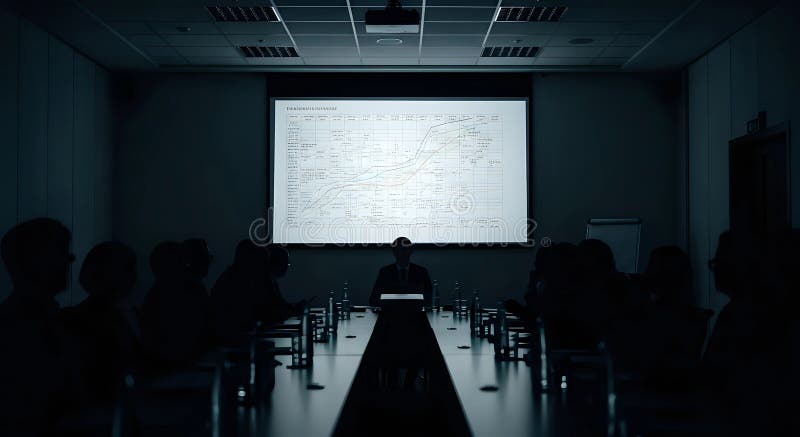 Serious Business Professionals in Dark Conference Room Attending Data ...