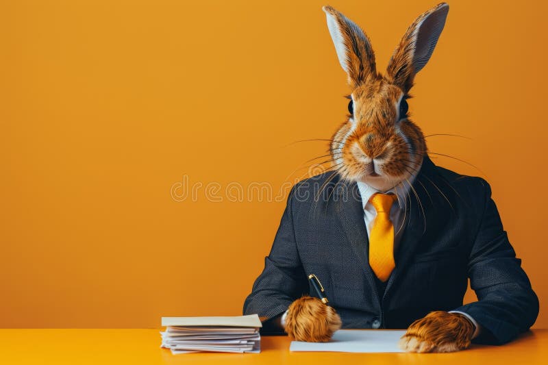 Serious Business Rabbit in Suit with Pen, Analyzing Documents at Desk ...