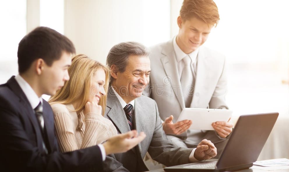 Serious Business Team with Tablet Computers, Documents Having ...