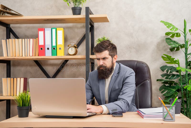 Serious Businessman Working on Laptop at Office Desk, Work Stock Photo ...