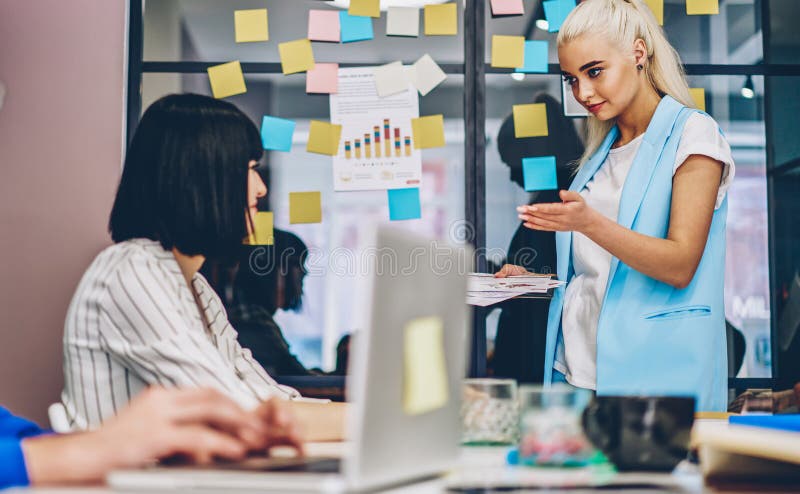 Serious Businesswoman Checking Work of Employees Crew Talking and ...