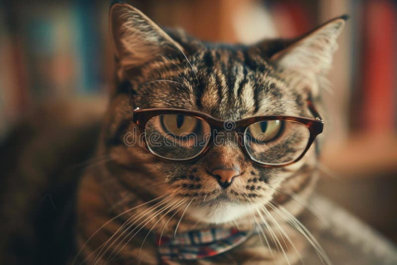 Serious Cat Wearing Glasses and Bow Tie Posing in a Library Stock Image ...