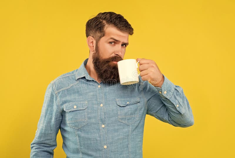 Serious Caucasian Guy Drinking Coffee Mug Yellow Background Stock ...