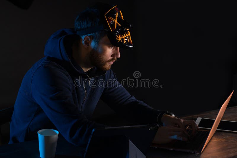 Serious Hacker Male Isolated in Dark Space Stock Image - Image of ...
