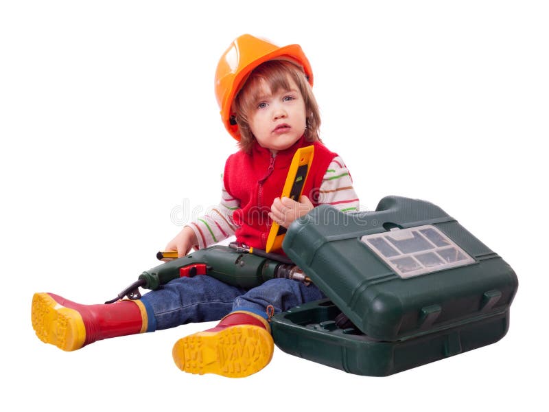 Serious Child in Hardhat with Working Tools Stock Photo - Image of ...