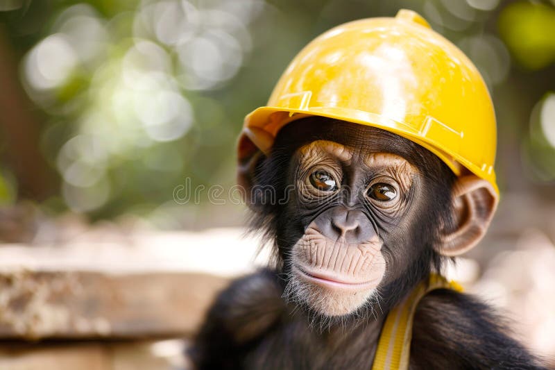A Serious Chimpanzee Wearing a Construction Helmet, Standing ...