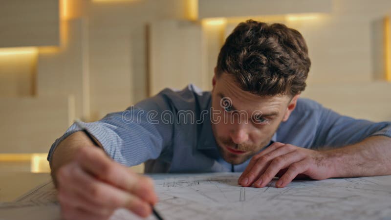 Serious Contractor Drawing Plan Architectural Project in Company Office ...