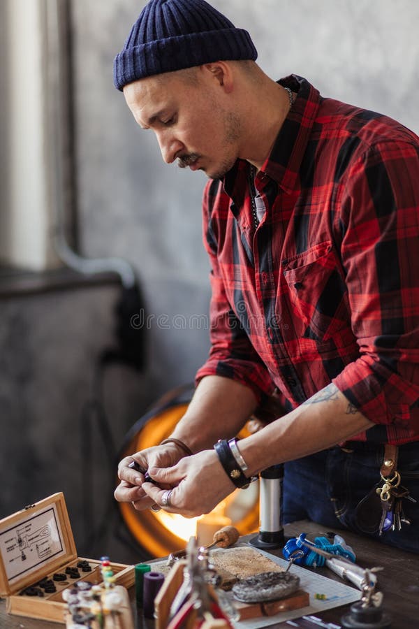 Serious Craftsman Checking His Tools at Work Stock Image - Image of ...