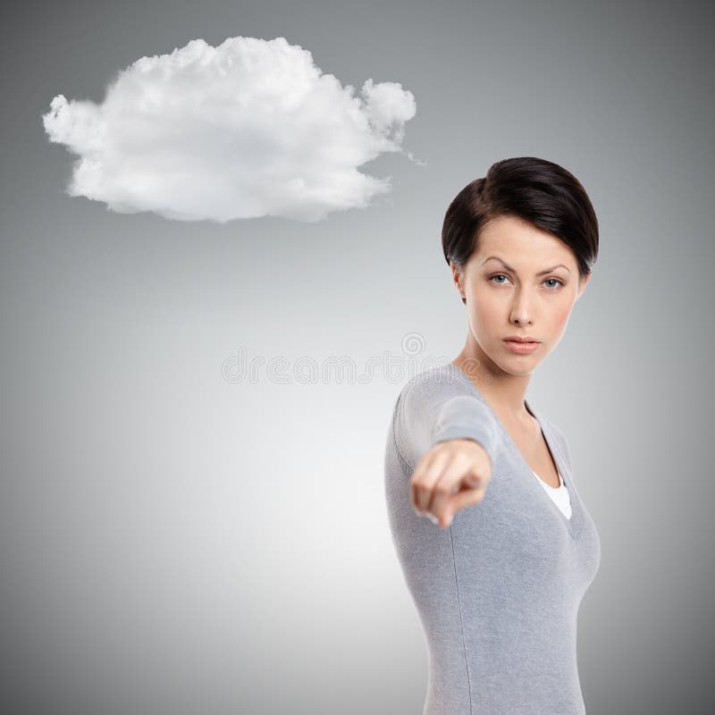 Serious Decisive Girl Points Hand Gesture Stock Photo - Image of ...