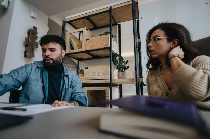 Focused Male and Female Colleagues Discussing Project in Modern Office ...