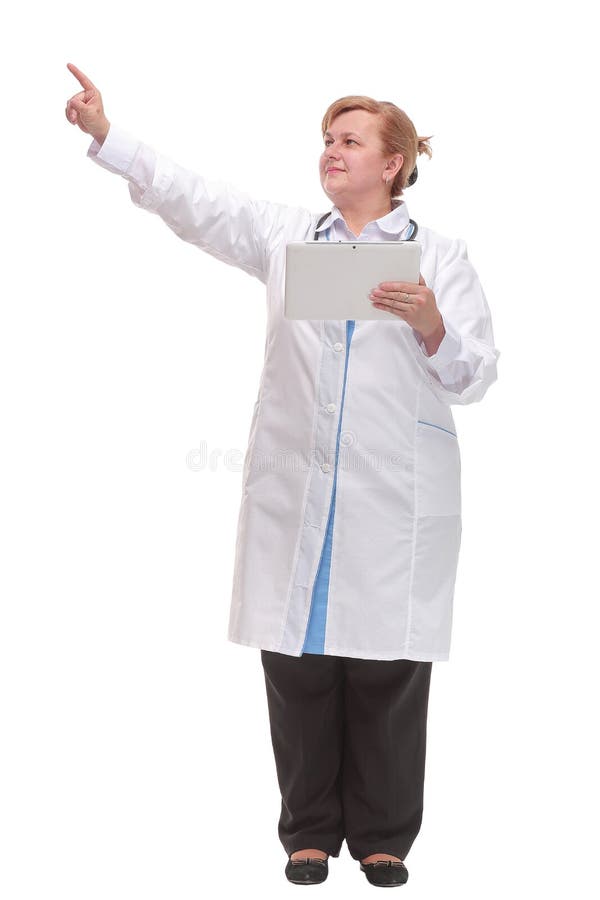 Serious Doctor Lab Coat Holding Tablet Pointing Stock Photos - Free ...