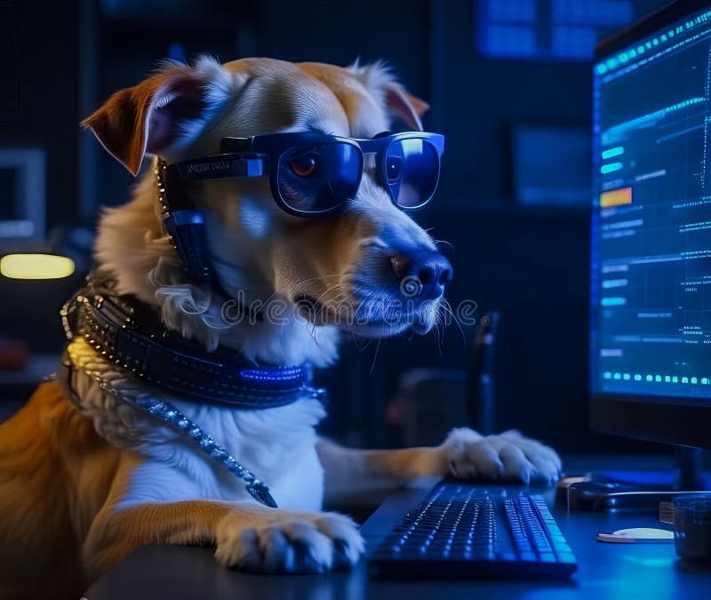 Serious Dog Hacker or Software Developer in a Room with Monitors. a Pet ...