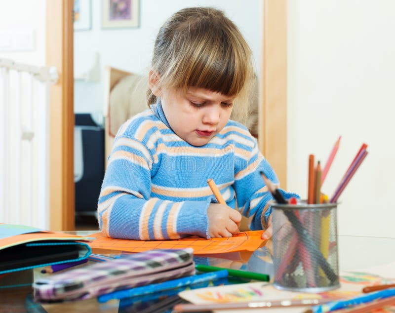 Serious Drawing on Paper in Home Stock Photo - Image of preschool ...