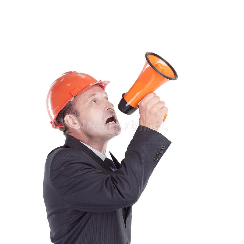 Serious Engineer with a Screaming Megaphone. Photo with Copy Space ...