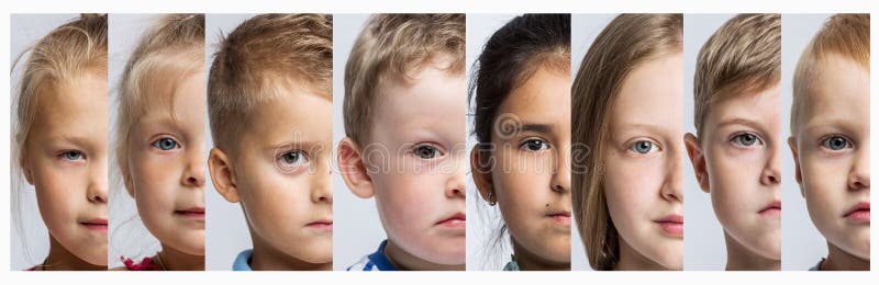 Serious Faces of Children. Future Generation. Close-up. Collage, Set of ...