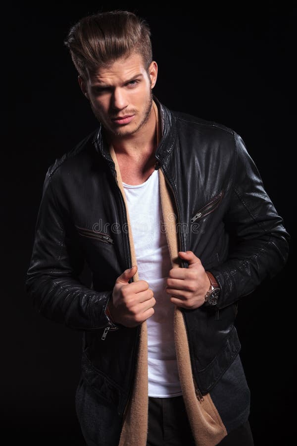 Serious Young Fashion Model in Leather Jacket Stock Image - Image of ...