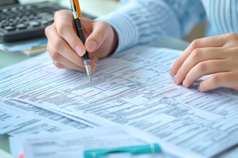 Serious Finance Professional Examines Tax Documents at a Desk, Taking ...