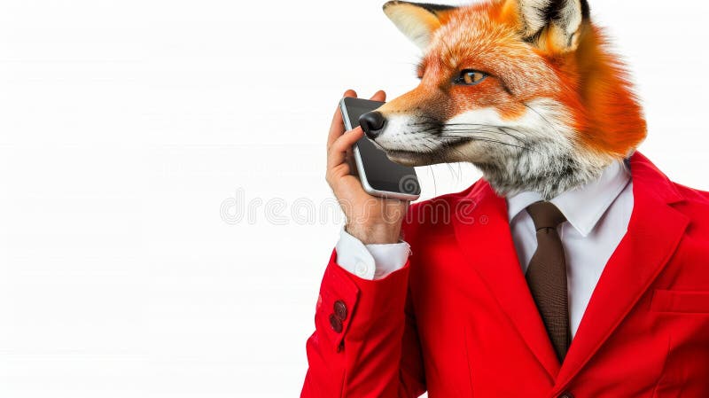 Serious Fox in a Red Suit Making an Important Phone Call on a White ...
