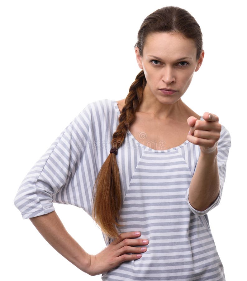 Serious Girl with Braid Pointing at You Stock Photo - Image of point ...