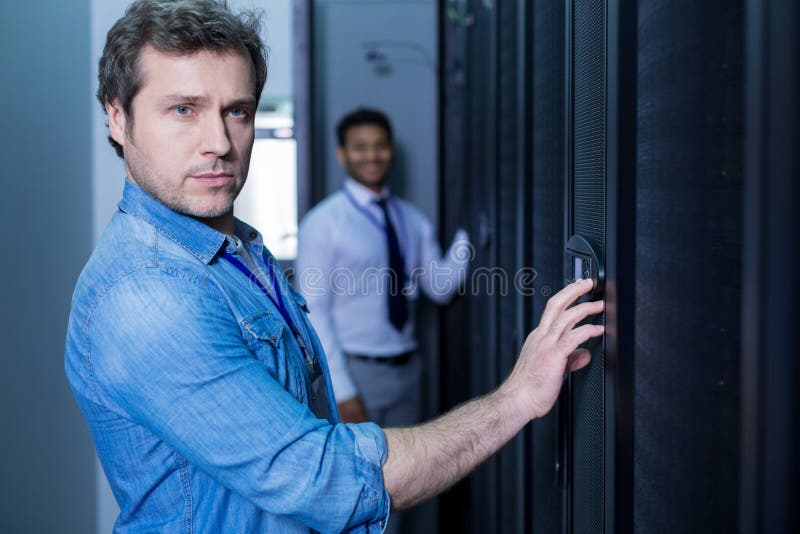 Serious Good Looking Man Pressing the Button Stock Image - Image of ...