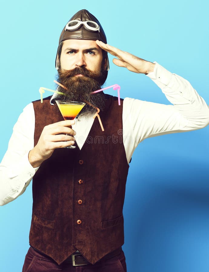 Serious Handsome Bearded Pilot on Red Studio Background Stock Photo ...