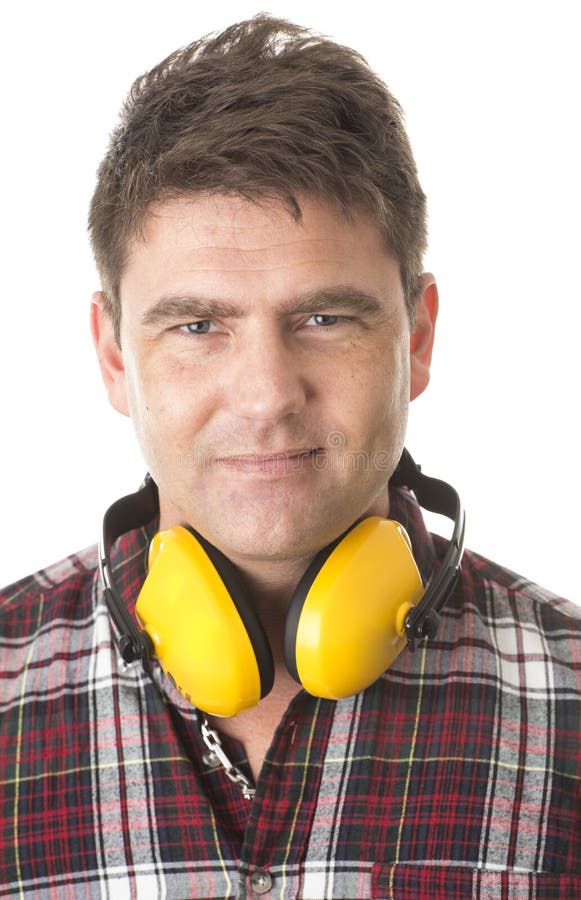Serious Handyman with Earmuffs on White Background Stock Image - Image ...
