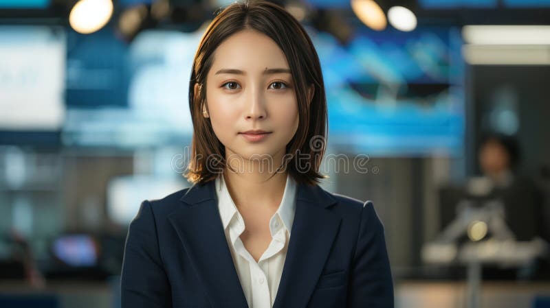 Serious Japanese Female News Anchor Reporting in Studio on News Program ...