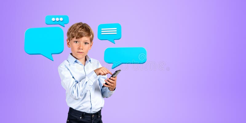Serious Little Boy Using Smartphone with Speech Bubbles Stock Image ...
