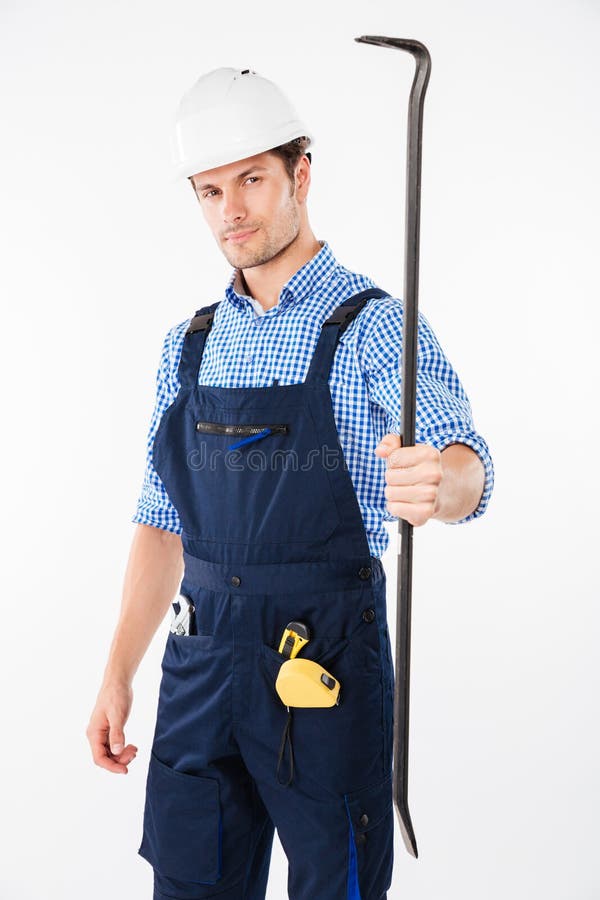 Man with Hard Hat and Crowbar No Shirt Stock Photo - Image of ...