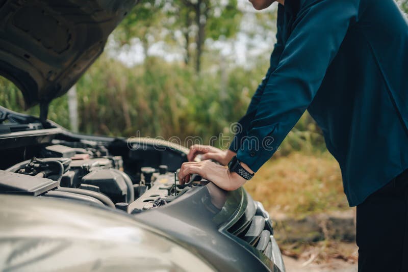 Serious Man Front of Car Breakdown and Open Bonnet on Roadside. Car ...