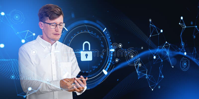 Serious Man with Smartphone, Cybersecurity Interface Stock Image ...