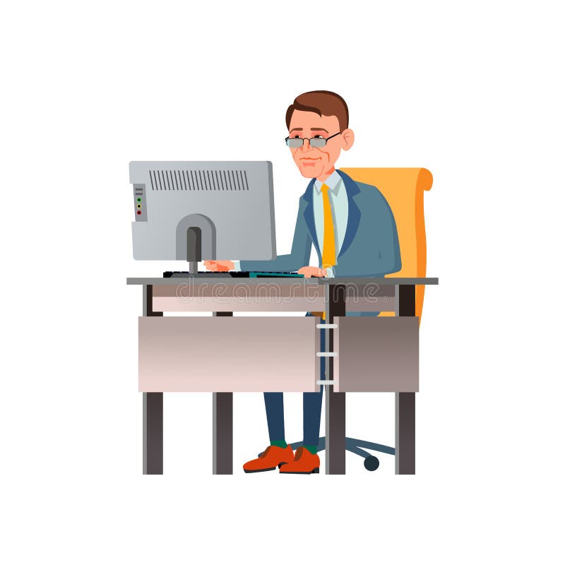 Serious Man Work and Check Employee Report on Computer Cartoon Vector ...