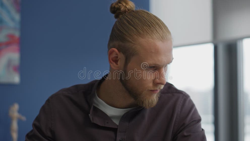 Serious Man Working Office Portrait. Focused Guy Writing Notes Learning ...