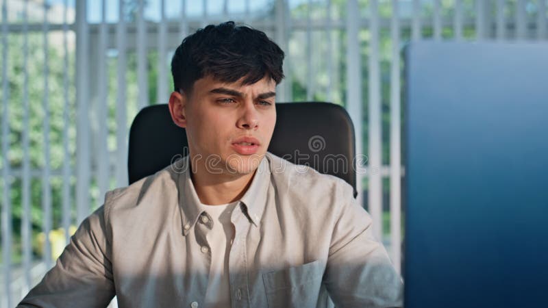 Serious Manager Looking Computer Workplace Closeup. Exhausted Man ...