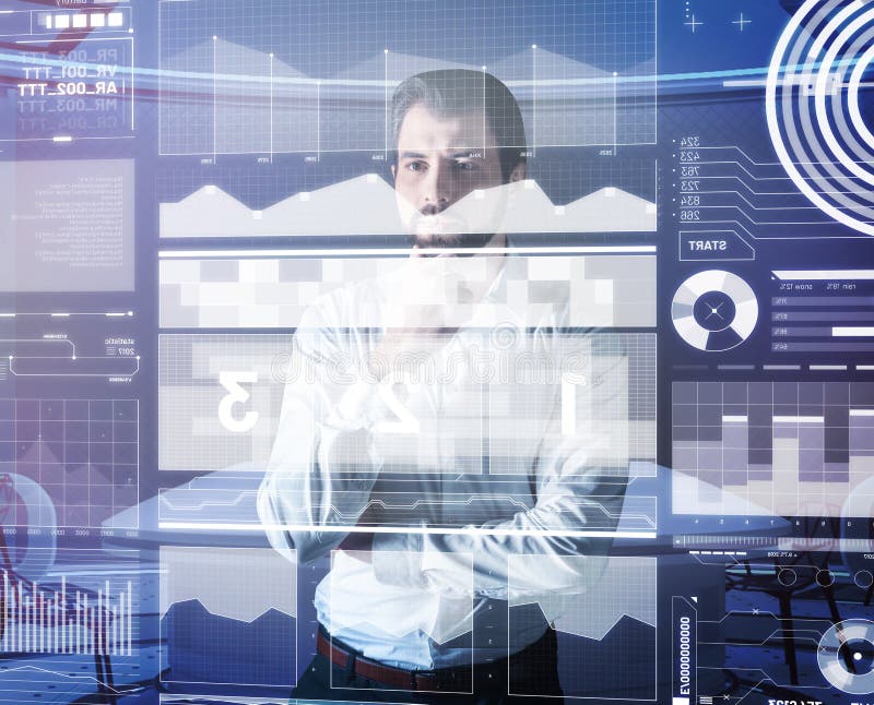 Serious it Manager Looking at the Transparent Screen and Thinking Stock ...