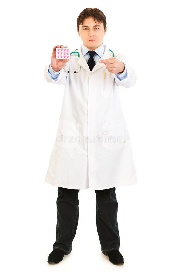 Serious Medical Doctor Pointing at Pack of Pills Stock Image - Image of ...