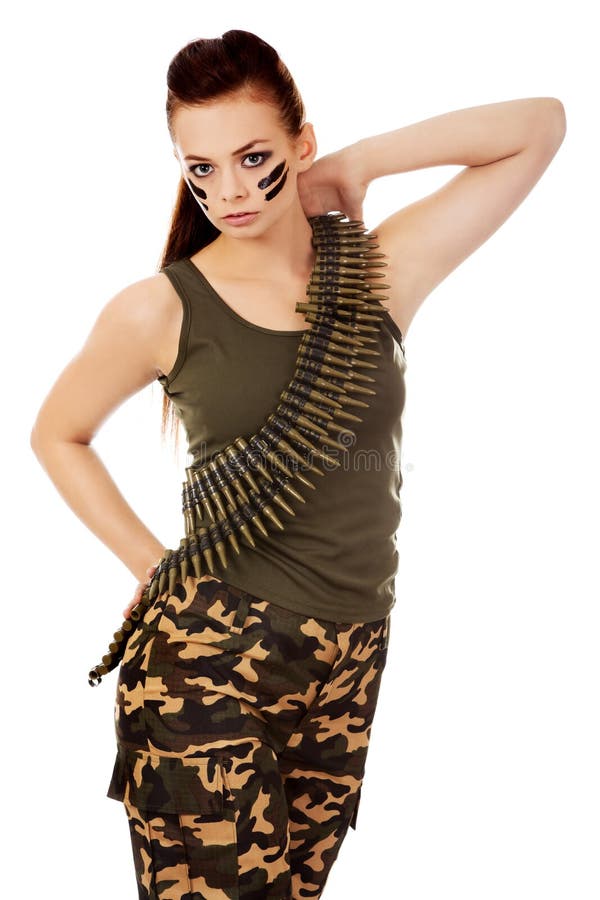 Serious Military Woman with Bullet Belt Stock Image - Image of danger ...