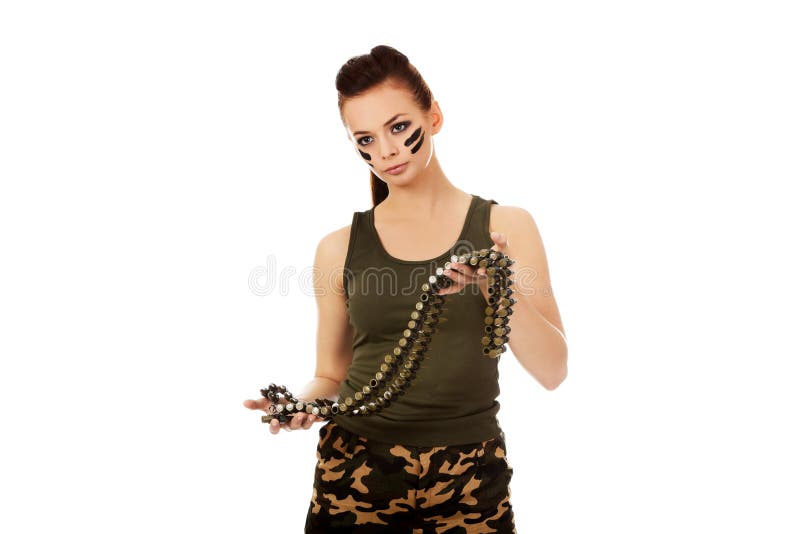 Serious Military Woman with Bullet Belt Stock Image - Image of isolated ...