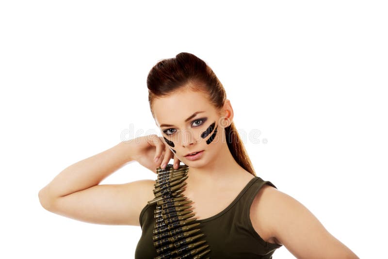Serious Military Woman with Bullet Belt Stock Image - Image of camera ...