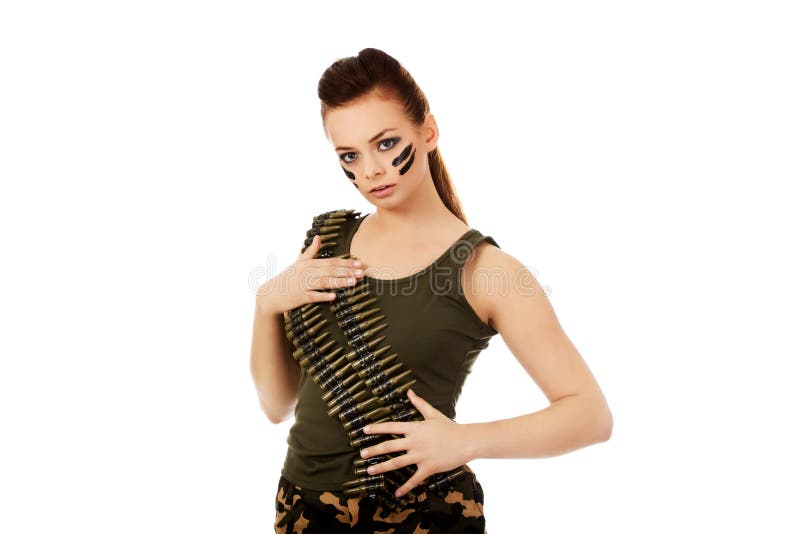 Serious Military Woman with Bullet Belt Stock Image - Image of camera ...